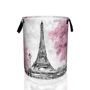 eiffel tower pink flowers trees laundry basket,waterproof laundry hamper,collapsible organizer basket for storage bin toy bins, dirty clothes laundry basket for living room/bathroom/bedroom