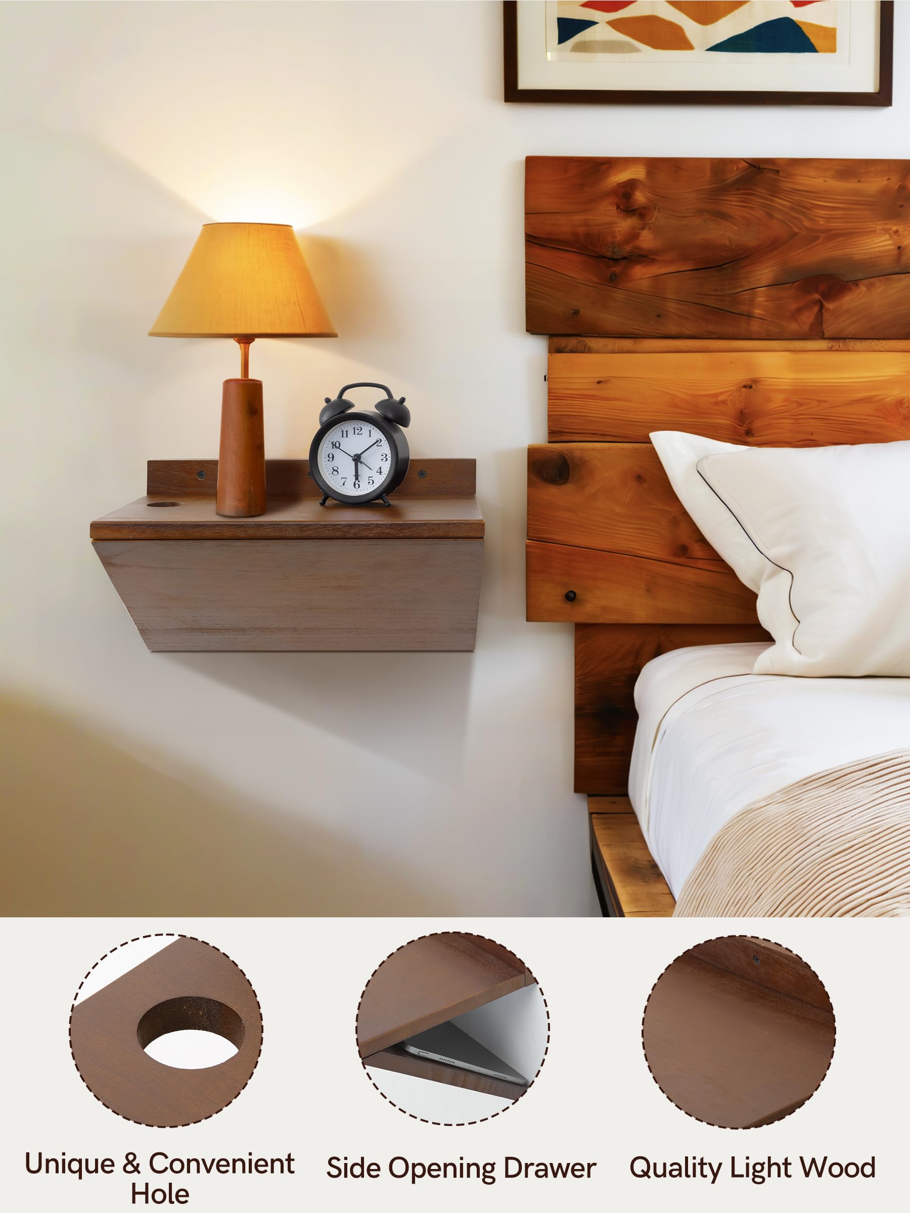 Sivapleso Floating Nightstands Set of 2, with Cable Hole Walnut Color Wood Floating Bedside Table Lightweight Small Wall Mounted Night Stand Hanging for Wall