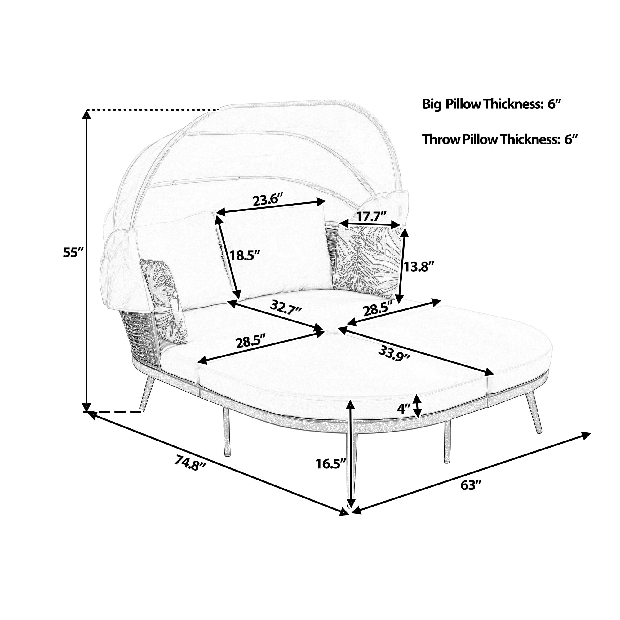 RuiSiSi 74.8”L Patio Daybed with Retractable Canopy, Outdoor Rattan PE Wicker Back Loveseat Sofa Set with Throw Pillows and Cushions for Backyard, Poolside, Garden, Beige