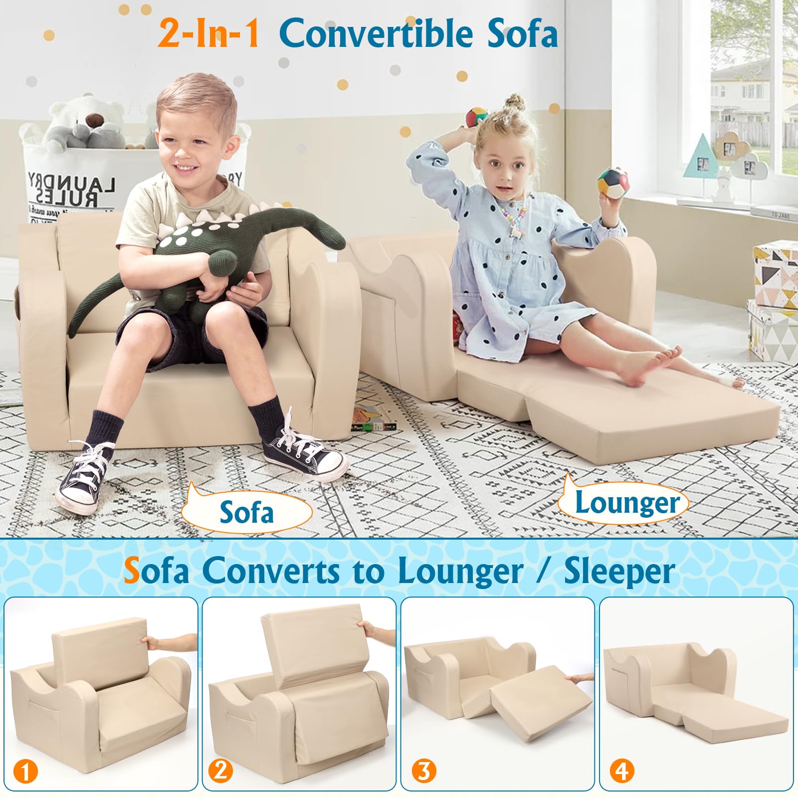 Qmetalart Toddler Couch, Waterproof Kids Toddler Chair, 2 in 1 Kid Couch Fold Out, Premium Kids Couch Sofa Toddler Chairs, Convertible Sofa to Lounger for Baby