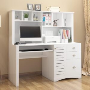 joysource 59" computer desk with hutch, 2-tier shelves, keyboard tray, 3 drawers, white - large home office desk for gaming, writing, study workstation