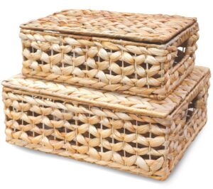 wicker storage baskets with lids - set of 2 rectangular water hyacinth boxes, natural decor organizer, basket with top, multi-use for home and shelf, hyacinth decorative boxes for effective storage