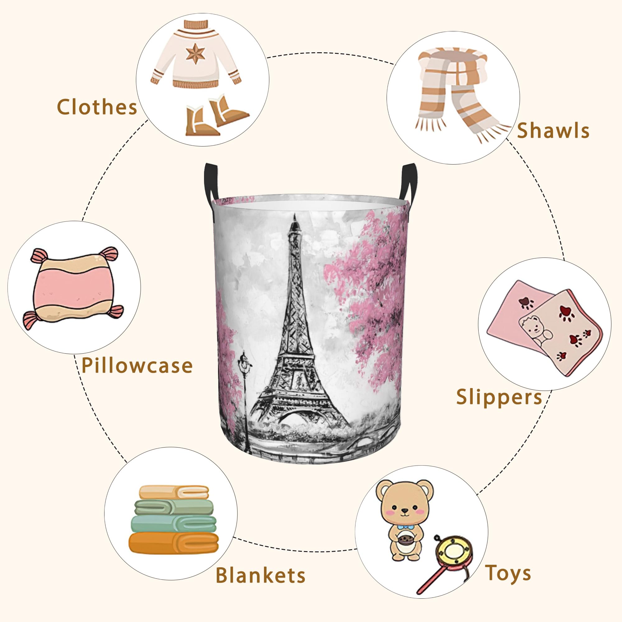 Eiffel Tower Pink Flowers Trees Laundry Basket,Waterproof Laundry Hamper,Collapsible Organizer Basket for Storage Bin Toy Bins, Dirty Clothes Laundry Basket for Living Room/Bathroom/Bedroom