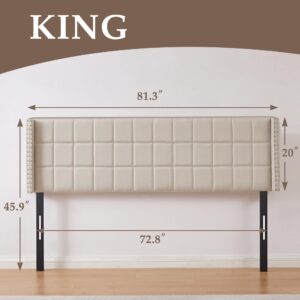 VECELO Linen Upholstered Headboard for King Size Bed, Tufted Nailhead & Double Wingback for Bedroom, 6 Adjustable Position from 40" to 49.8",Beige