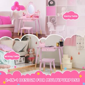 BRINJOY Kids Vanity Set with Light, Wooden Princess Vanity Table with Mirror & Stool & Jewelry Rack & Storage Board, Children Make Up Beauty Dressing Table for Girls Ages 3+