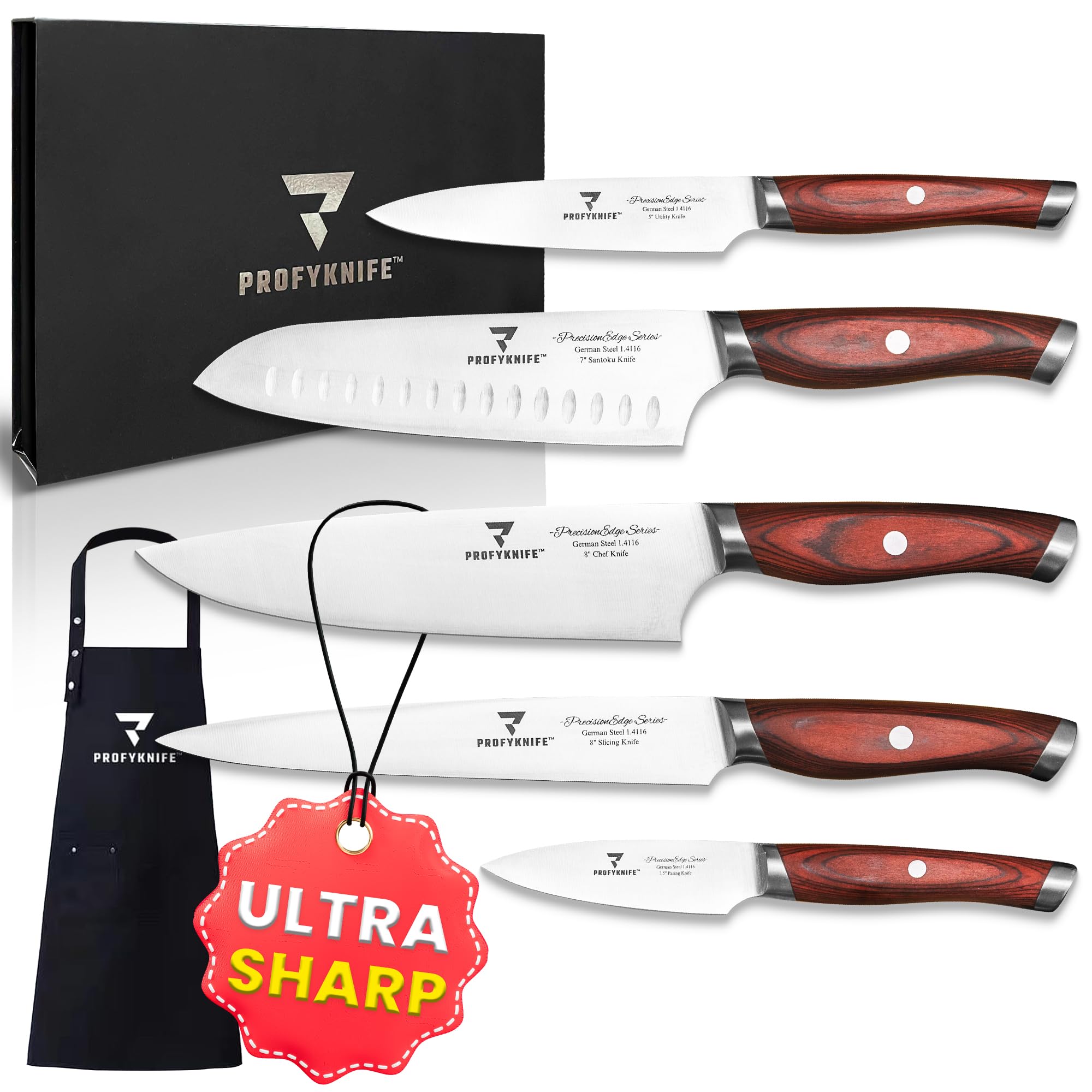 PROFYKNIFE PrecisionEdge 5 Piece Knife Set Ultra Sharp Japanese Chef Knife Set Professional with Ergonomic Red Pakkawood Handles Japanese Kitchen Knives Sets without block High Carbon Stainless Steel