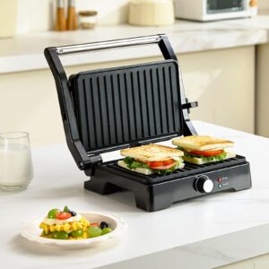 UVFAST Panini Press Grill Sandwich Maker, Large Electric 3 in 1 Panini Sandwich Maker Grill, Open 180 Degrees for Grill Indoor, Perfect for Grilling Steaks, Burger, Sandwich,Non-stick Pan, Black