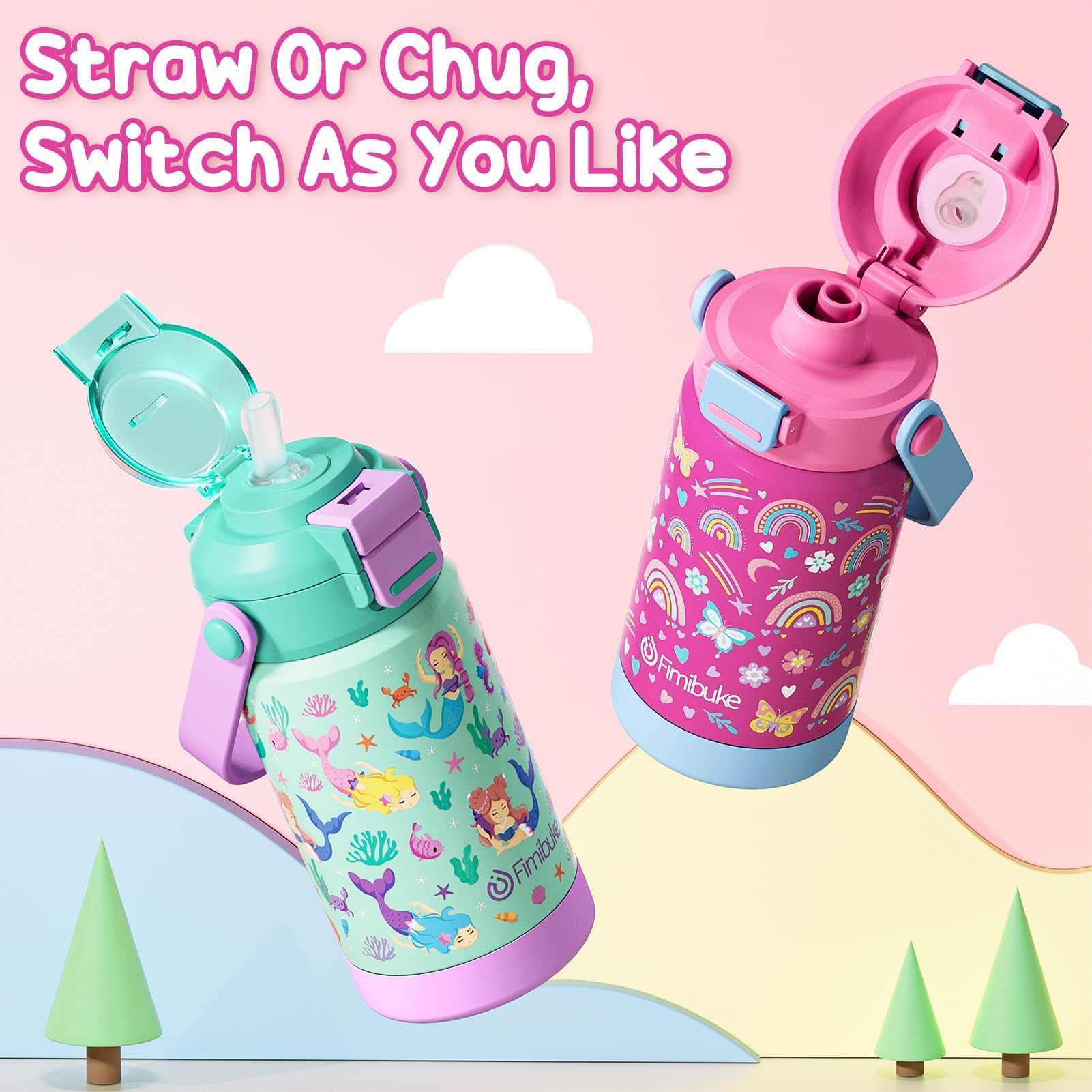 Kids Water Bottle with Straw & Chug(2-in-1 Lid), 14oz Kids Insulated 18/8 Stainless Steel Water Bottle for School Girls Boys Toddler Water Bottle Leak Proof & Spill Proof Kids Cups (2, C1.Macaron)