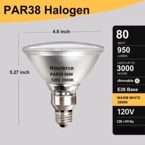 Nioclerce PAR38 Flood Light Bulbs - 2 Pack 80W PAR38 Halogen Bulb 120V Warm White 2800K, PAR38 Bulb Dimmable E26 Base for Indoor and Outdoor, Long Lasting 950LM PAR38 Halogen Flood Light