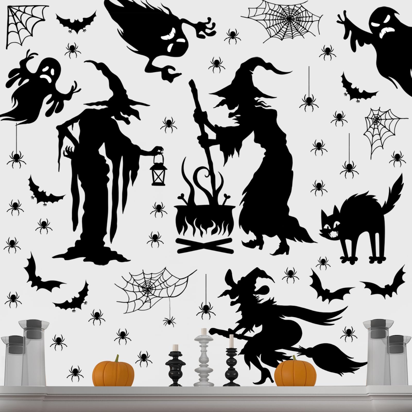 Cholemy 4 Sheets Halloween Wall Decals 35.4 x 11.8 Inch Halloween Wall Sticker Large Witch Spider Bat Pumpkin Wall Decals Removable Halloween Wall Clings for Home Party Decor Supplies