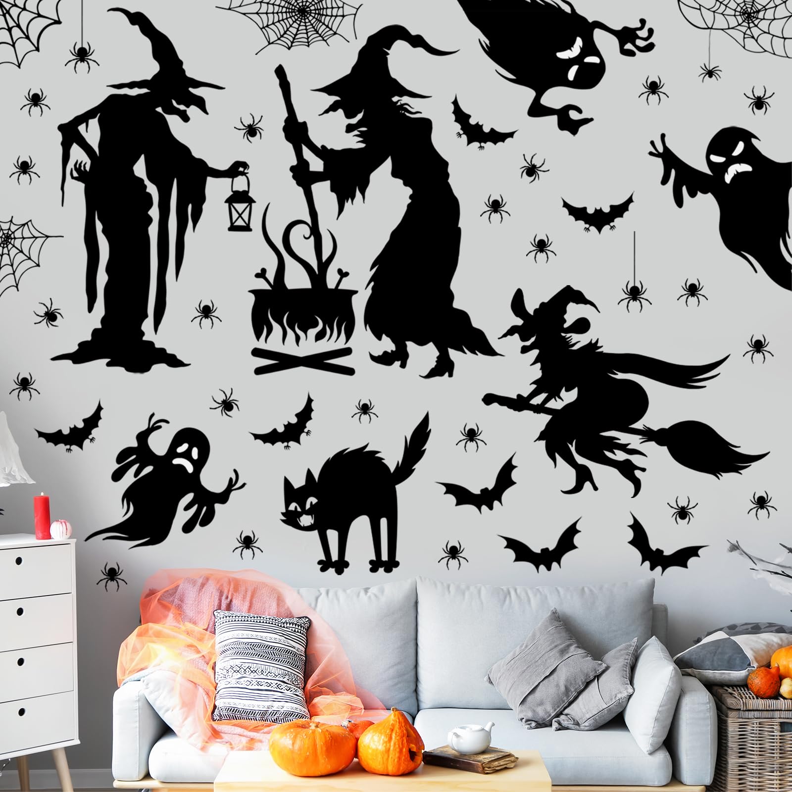 Cholemy 4 Sheets Halloween Wall Decals 35.4 x 11.8 Inch Halloween Wall Sticker Large Witch Spider Bat Pumpkin Wall Decals Removable Halloween Wall Clings for Home Party Decor Supplies