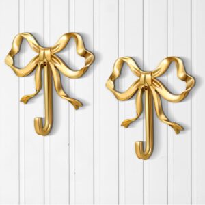 lineshading 2 pcs christmas wall decor gold bow knot hooks brass bow wall hooks door hanger towel hooks brass coat hooks decorative hooks for christmas bathroom living room kitchen decor (s)