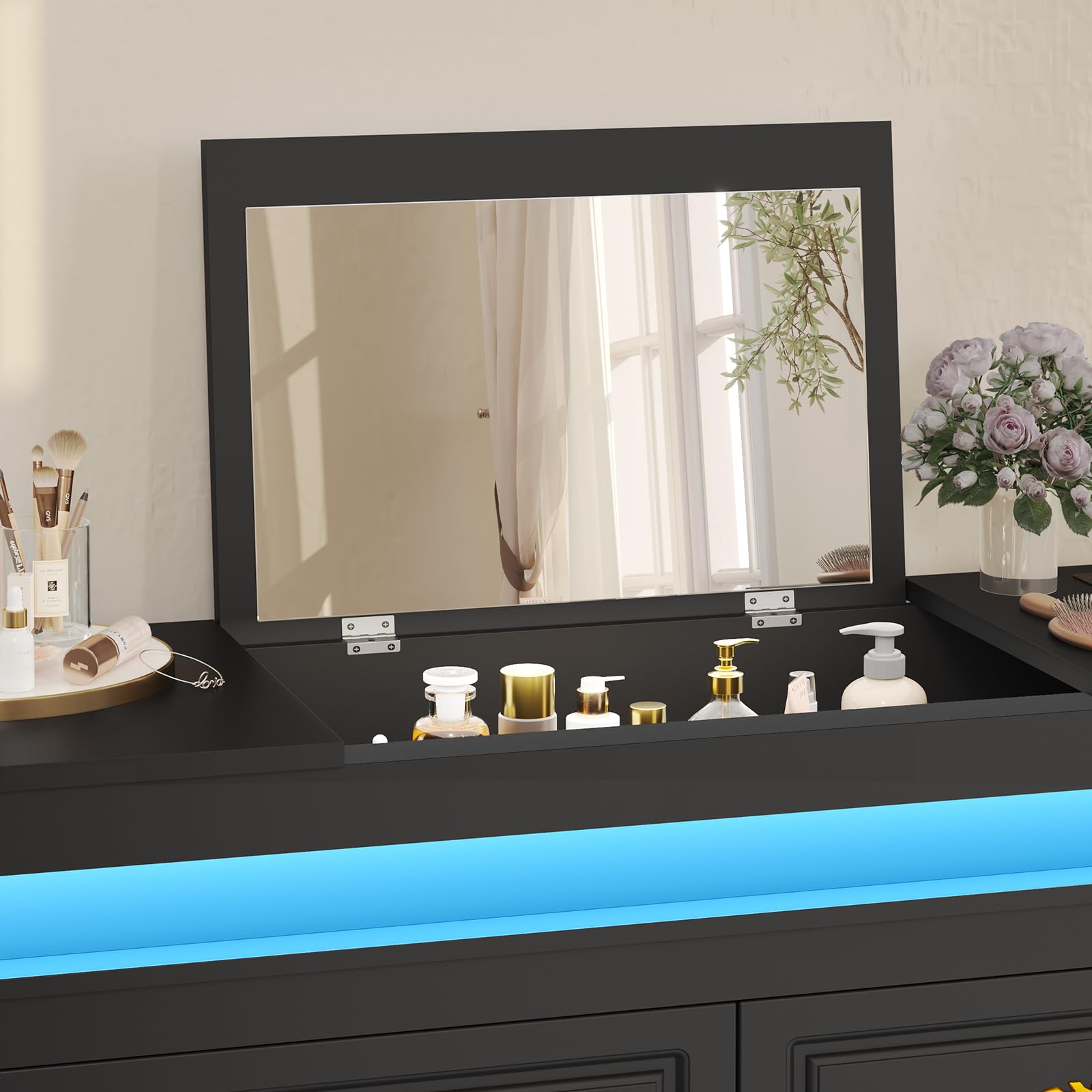 HAUOMS Dresser with LED Lights,LED Chest of Drawers with Flip-Top and Charging Station,6 Drawers Dresser with Mirror,Black Dresser for Bedroom,Living Room,Cloest