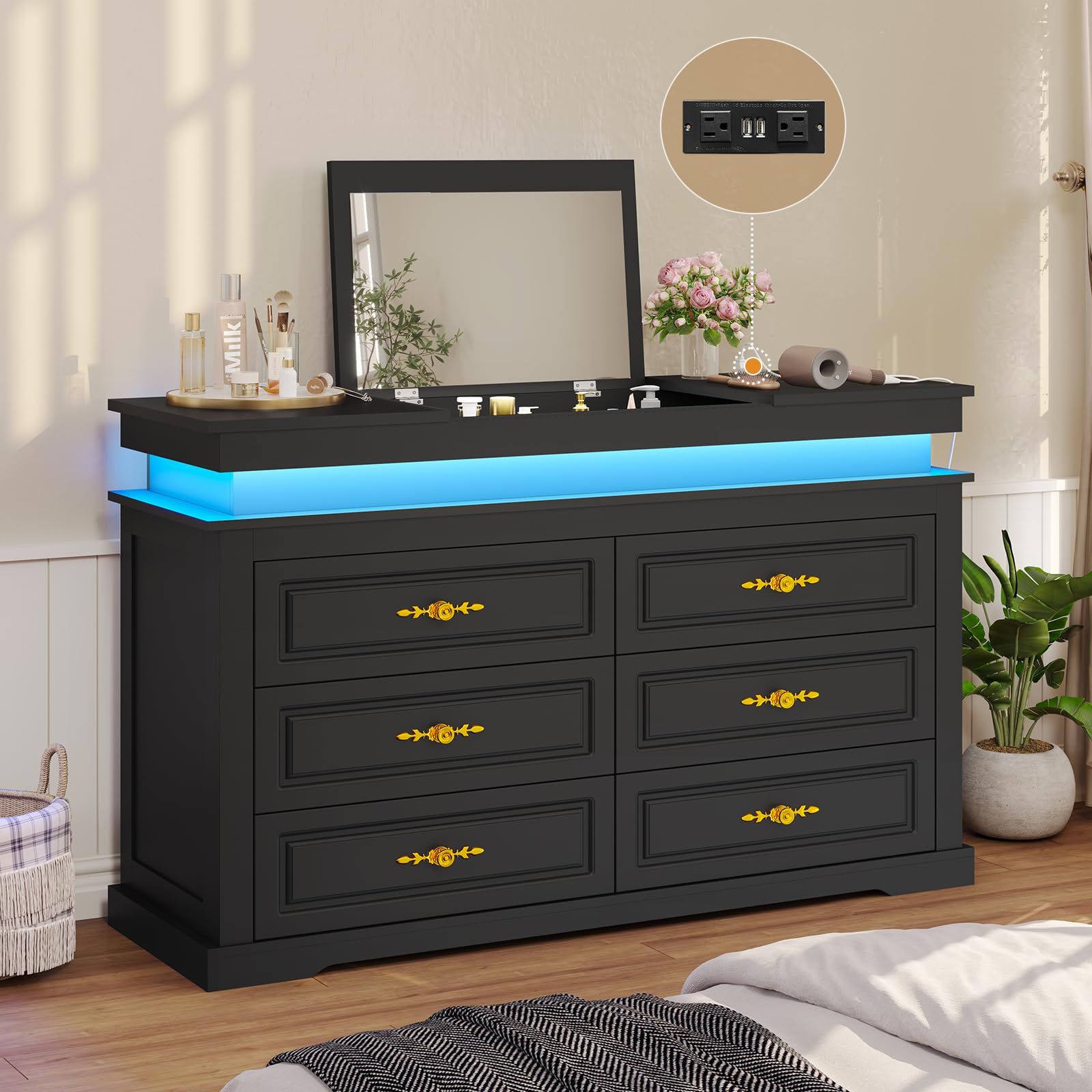 HAUOMS Dresser with LED Lights,LED Chest of Drawers with Flip-Top and Charging Station,6 Drawers Dresser with Mirror,Black Dresser for Bedroom,Living Room,Cloest