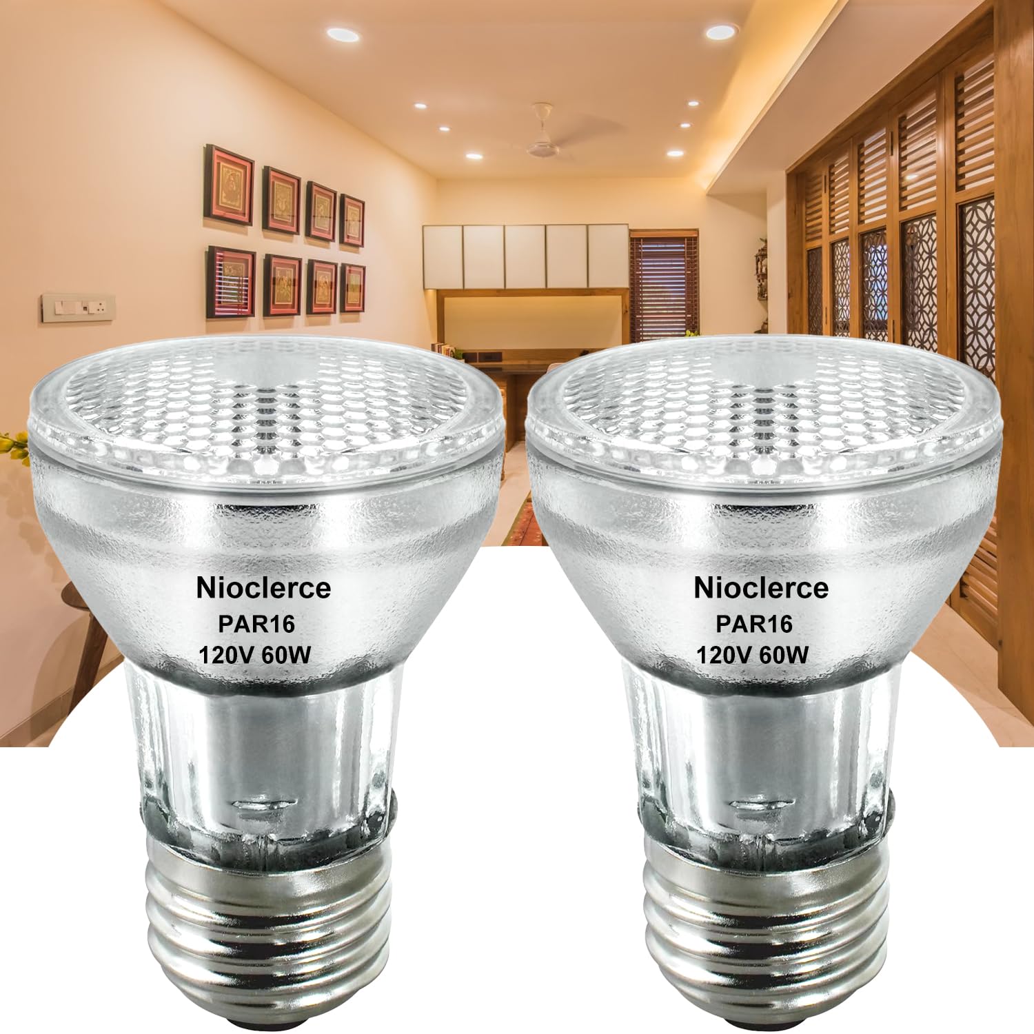 Nioclerce PAR16 Light Bulb - 2 Pack Long Lasting PAR16 Halogen Bulb 60W 120V E26 Base Warm White 2800k, PAR16 Flood Bulb Dimmable, Halogen PAR16 Bulb 60W for Range Hood Lights,Ceiling Fan,Table Light