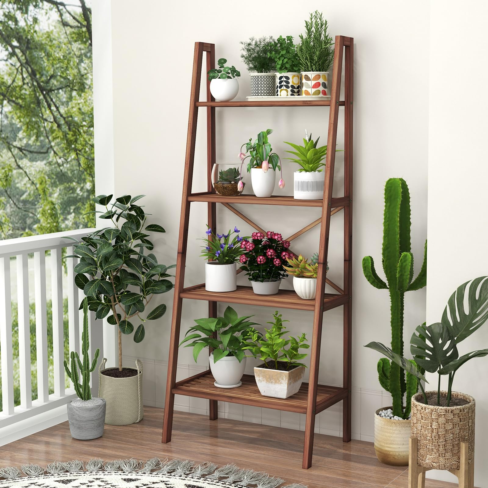 Giantex 4-Tier Bamboo Bookshelf, Indoor Free Standing Plant Stand Display Rack w/Anti-Tipping Device, Corner Bamboo Ladder Shelf for Small Space, Living Room, Kitchen, Bedroom, Office, Walnut