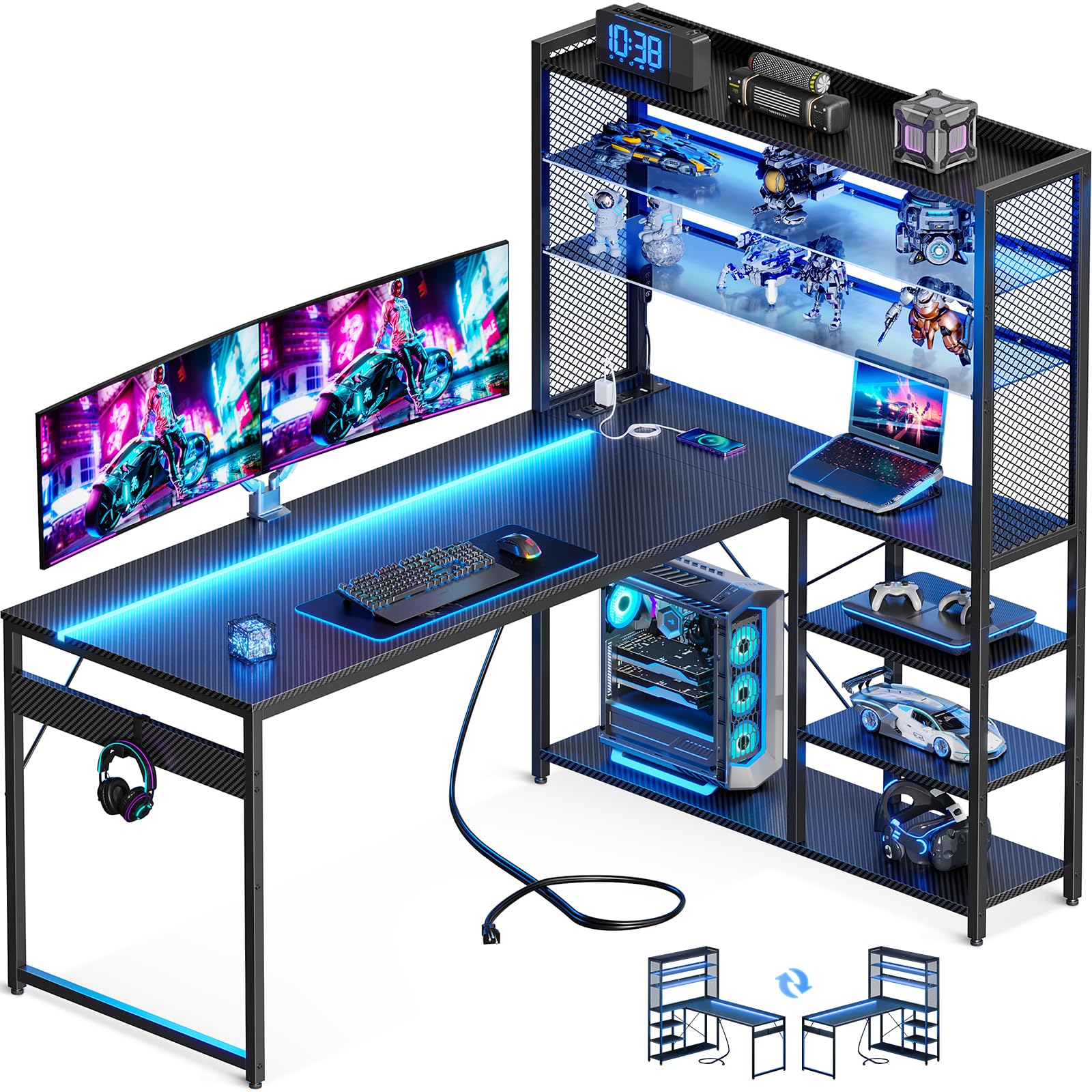 MOTPK L Shaped Gaming Desk, Reversible Computer Desk with Power Outlet, Gaming Table with LED Lights, L Shaped Desk with Glass Display Storage Shelves, Glass Desk Office Desk