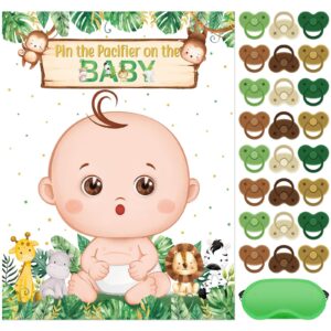 faccito pin the pacifier on baby game safari jungle baby shower game with sage green animals baby poster blindfold and 24 pacifier stickers for baby shower birthday party decorations supplies