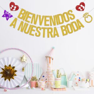 KEWUFD Spanish Welcome To Our Wedding Banner, Funny We're Engaged Decorations Wedding Party Decorations Bridal Shower Photo Prop Sign Gold Glitter