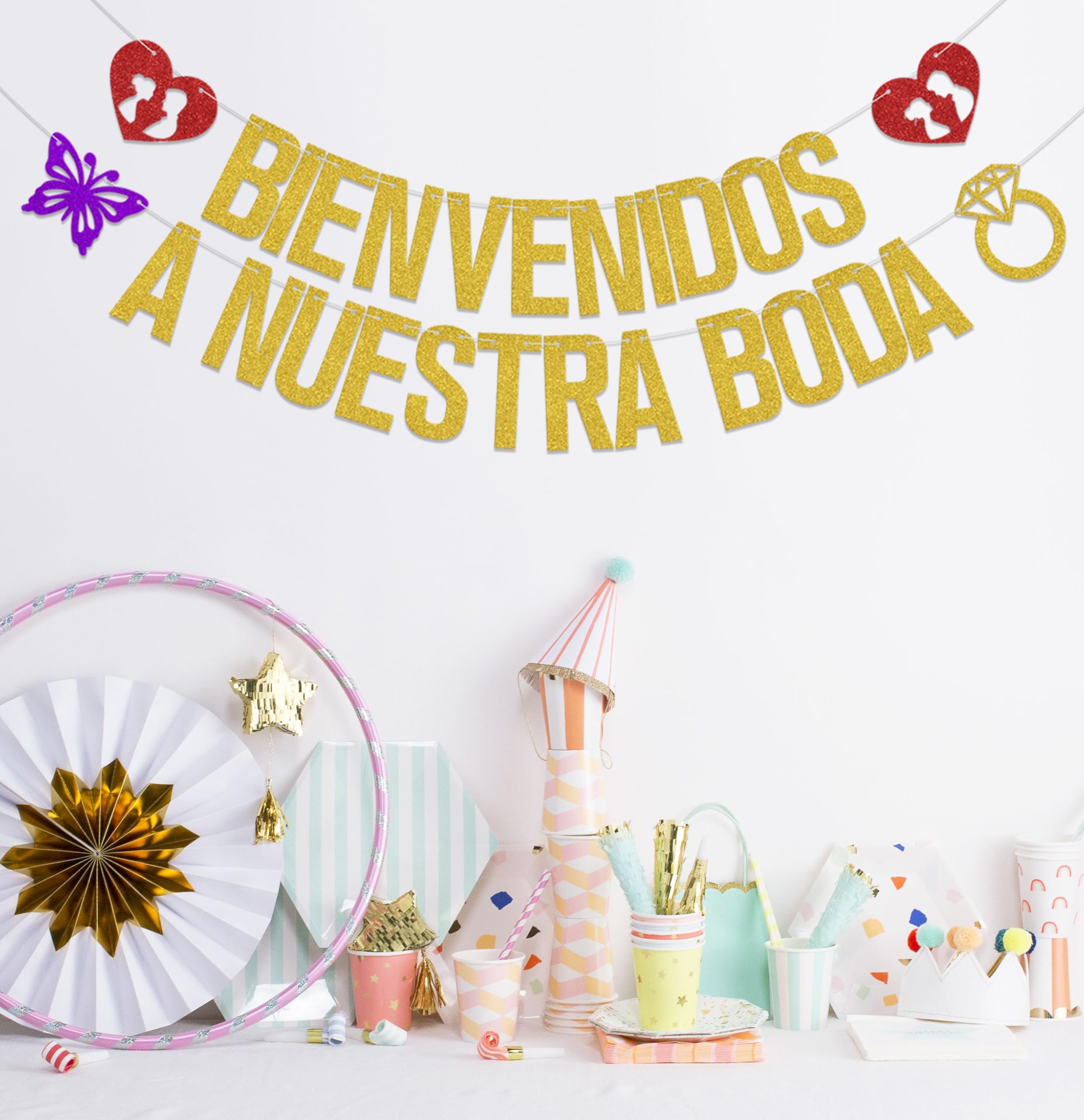 KEWUFD Spanish Welcome To Our Wedding Banner, Funny We're Engaged Decorations Wedding Party Decorations Bridal Shower Photo Prop Sign Gold Glitter