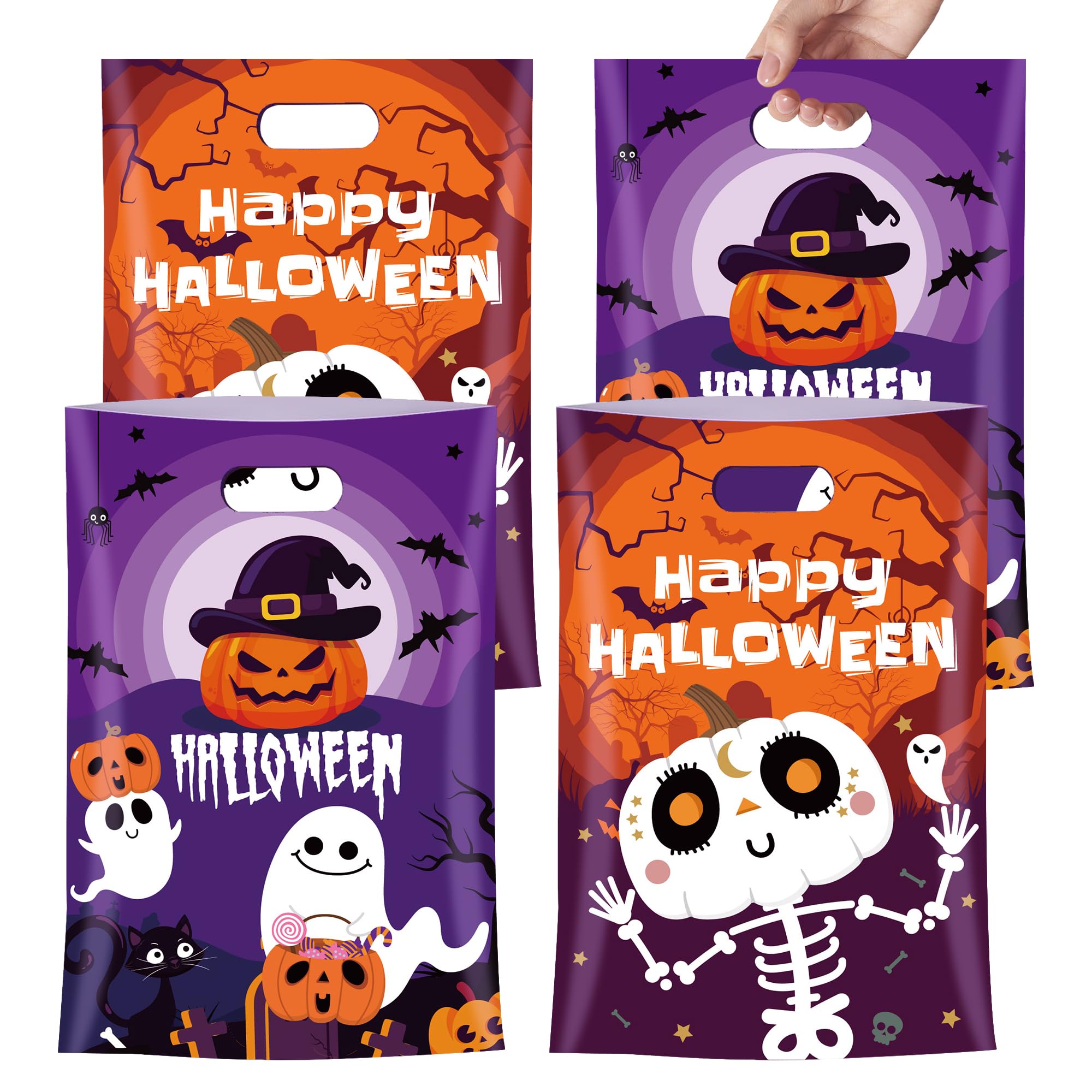 MOSHAKALA 40 Pcs Halloween Treat Bags with Handles-Trick or Treat Halloween Goodie Bags, Cute Ghost Pumpkin Halloween Plastic Candy Bags for Halloween Party Favors Supplies (Halloween)