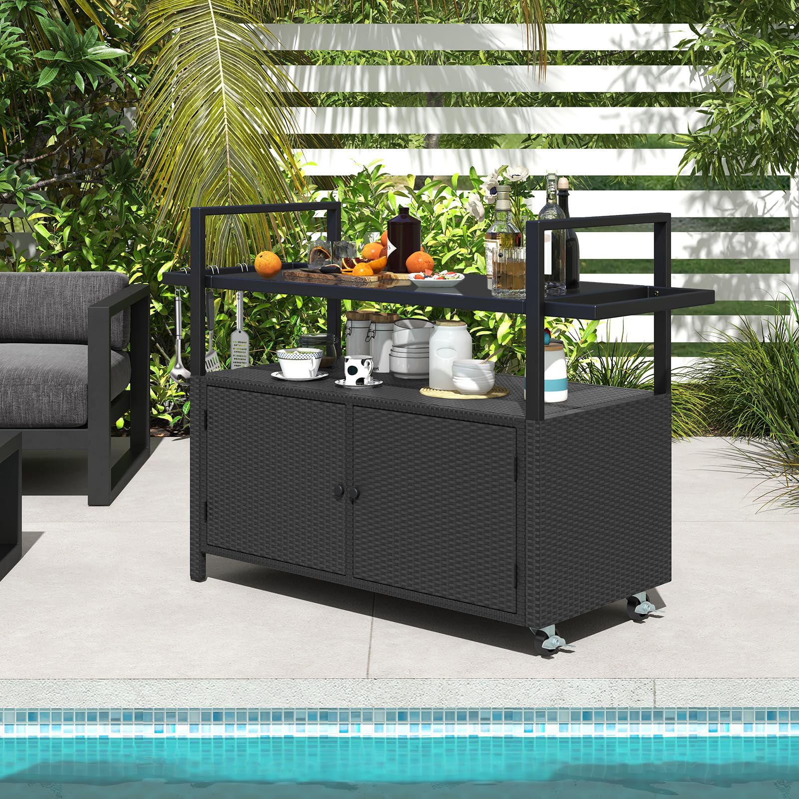 Tangkula Outdoor Bar Cart Table, Patiojoy Rolling Wicker Buffet Wheeled Serving Cart with Tempered Glass Top, Storage Cabinet & 8 Hooks, for Porch Backyard Garden Poolside (Black)