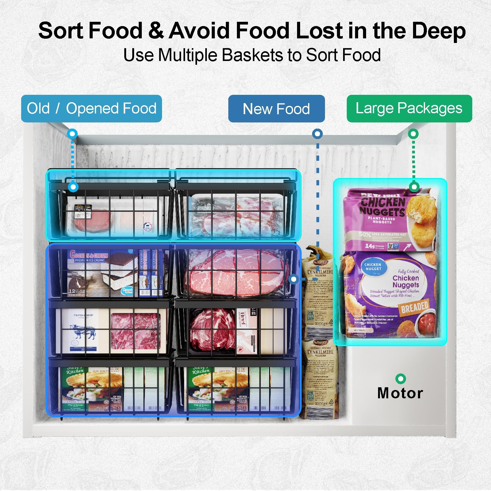 iSPECLE Freezer Organizer Bins - Fit 10 to 20 Cu.FT Deep Freezer, 4 Pack Large Expandable Stackable Chest Freezer Organizer Sort Frozen Food and Easily Get with Handle, Improve Air Circulation, Black