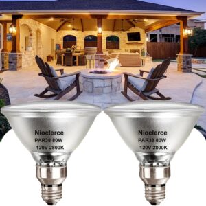 nioclerce par38 flood light bulbs - 2 pack 80w par38 halogen bulb 120v warm white 2800k, par38 bulb dimmable e26 base for indoor and outdoor, long lasting 950lm par38 halogen flood light