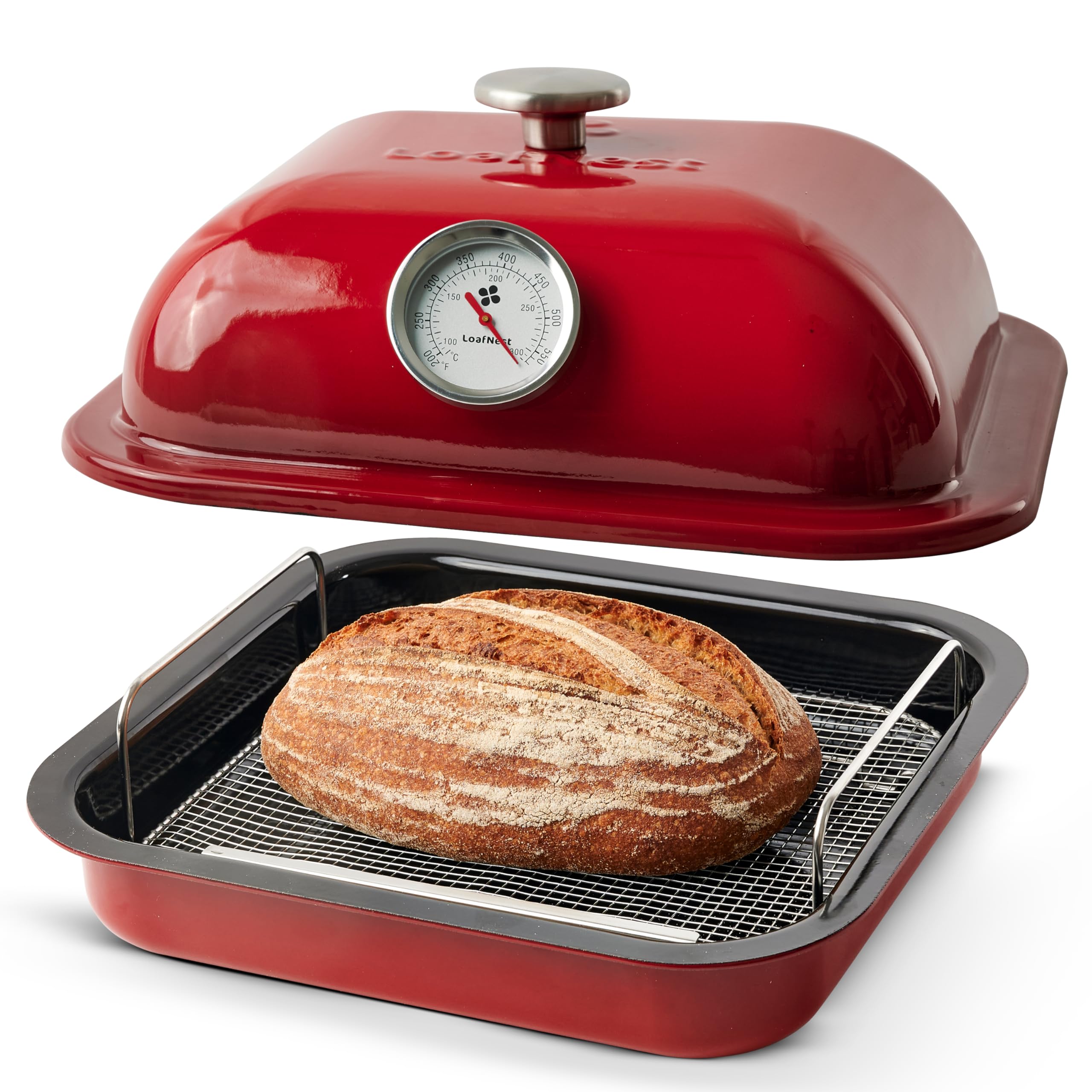 LoafNest inTune Precision Baker : 9 qt (4+5) Multipurpose Baking Dish and Cloche with Built in Oven Thermometer and Water Tray