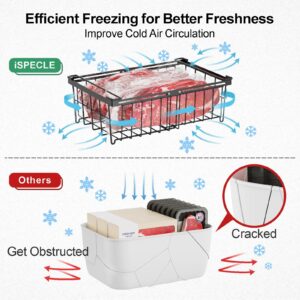 iSPECLE Freezer Organizer Bins - Fit 10 to 20 Cu.FT Deep Freezer, 4 Pack Large Expandable Stackable Chest Freezer Organizer Sort Frozen Food and Easily Get with Handle, Improve Air Circulation, Black