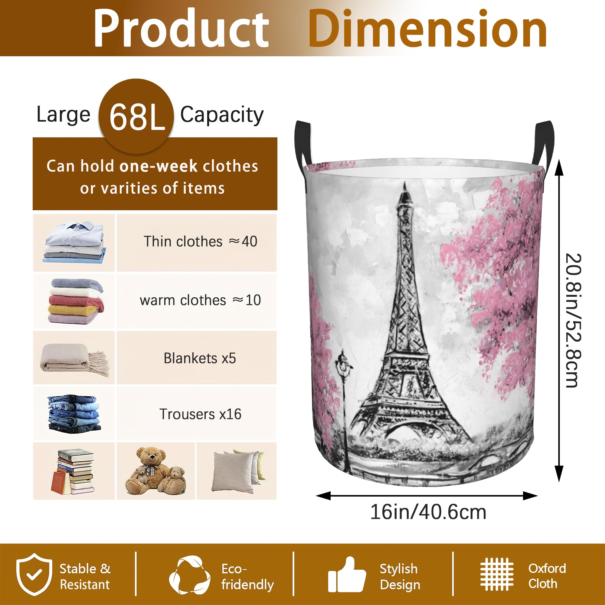 Eiffel Tower Pink Flowers Trees Laundry Basket,Waterproof Laundry Hamper,Collapsible Organizer Basket for Storage Bin Toy Bins, Dirty Clothes Laundry Basket for Living Room/Bathroom/Bedroom