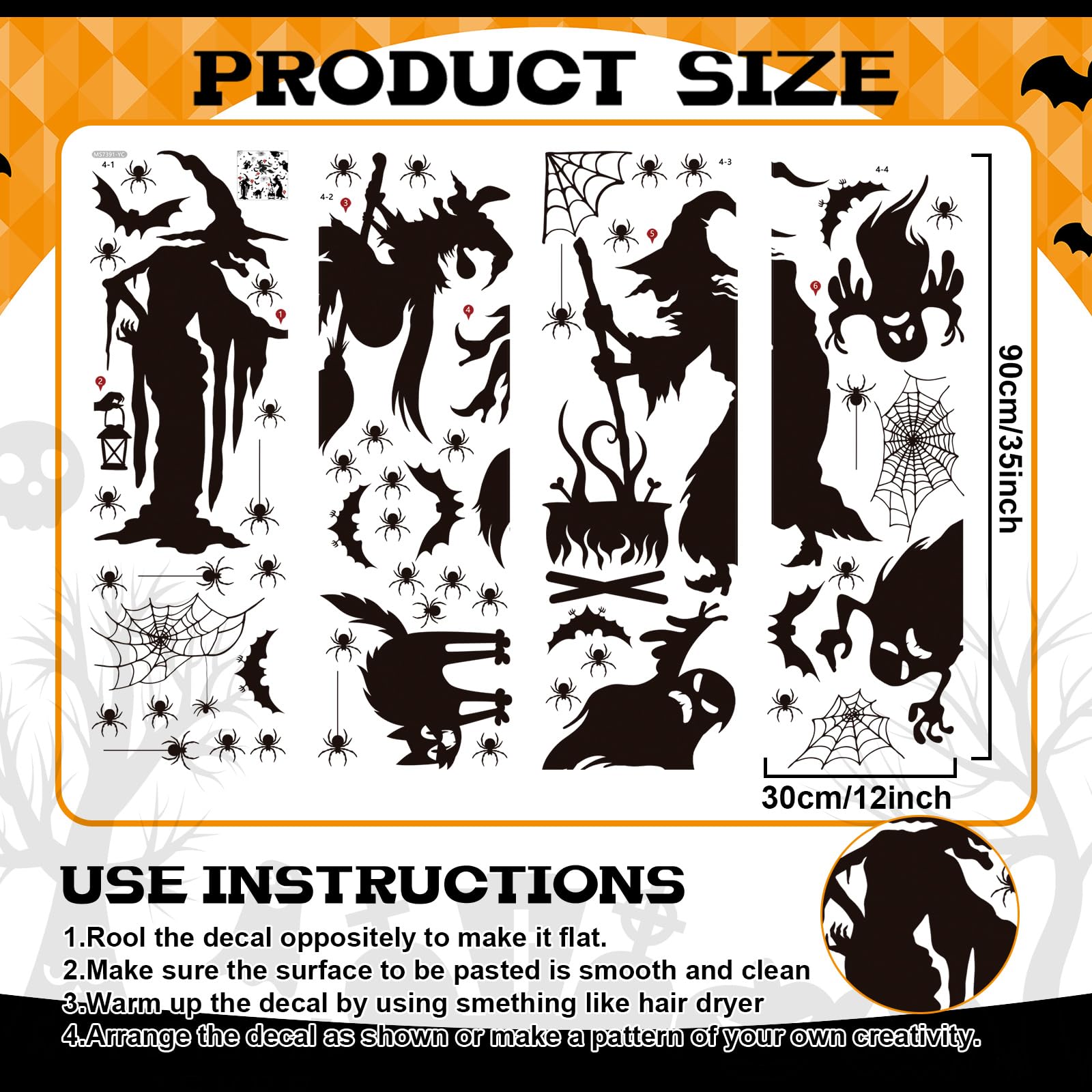 Cholemy 4 Sheets Halloween Wall Decals 35.4 x 11.8 Inch Halloween Wall Sticker Large Witch Spider Bat Pumpkin Wall Decals Removable Halloween Wall Clings for Home Party Decor Supplies