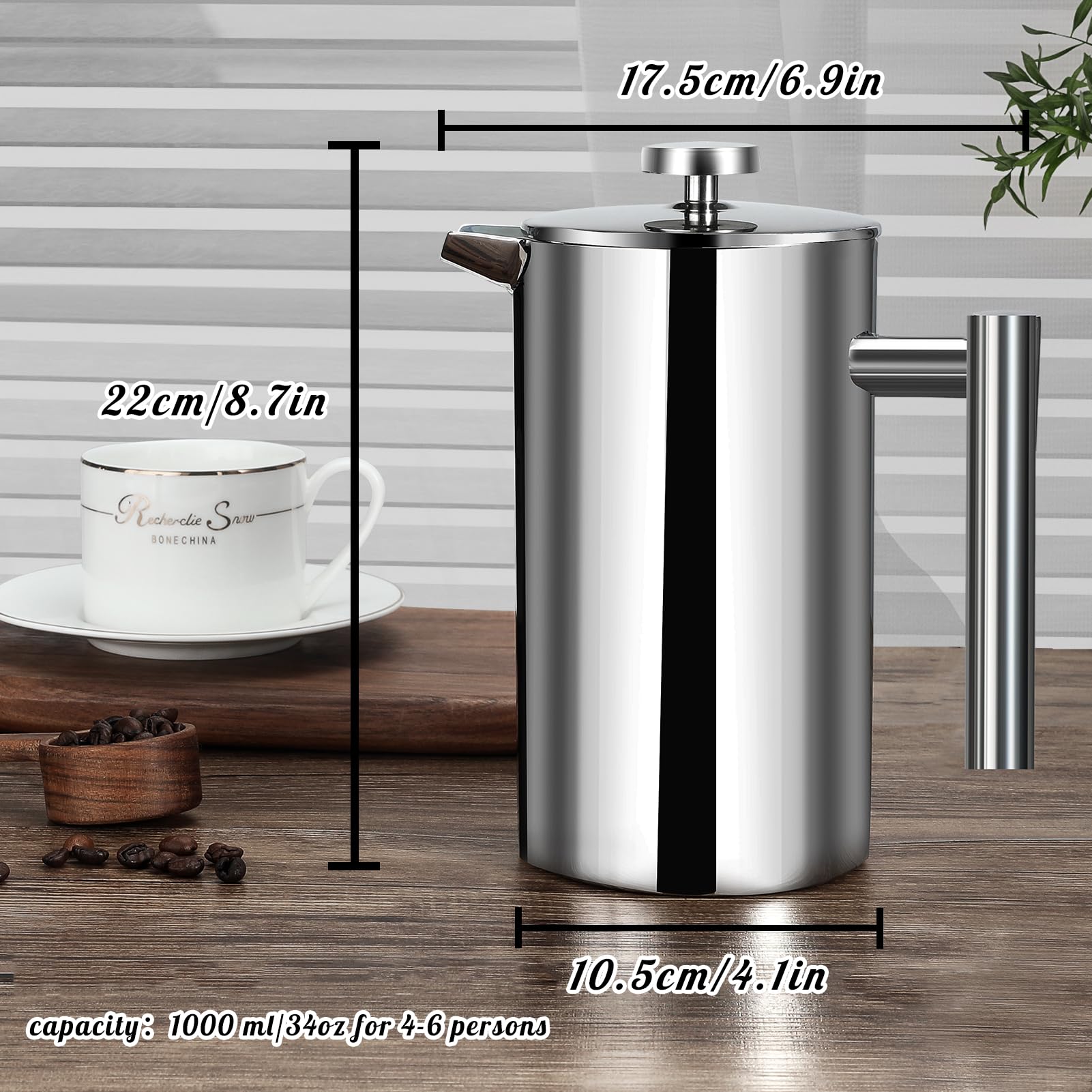 Mongdio French Press Coffee Maker, 34 Ounce (1 Litre) French Press Stainless Steel with 3 Filter, Double Wall Insulated, Easy to Clean, For Home Camping Travel Gifts