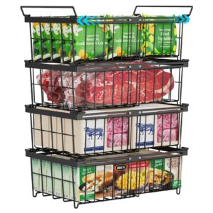 ispecle freezer organizer bins - fit 10 to 20 cu.ft deep freezer, 4 pack large expandable stackable chest freezer organizer sort frozen food and easily get with handle, improve air circulation, black