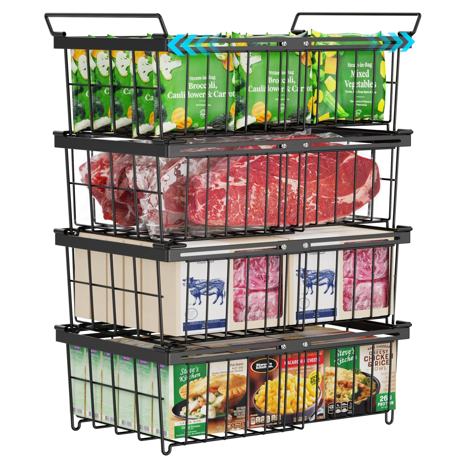 iSPECLE Freezer Organizer Bins - Fit 10 to 20 Cu.FT Deep Freezer, 4 Pack Large Expandable Stackable Chest Freezer Organizer Sort Frozen Food and Easily Get with Handle, Improve Air Circulation, Black