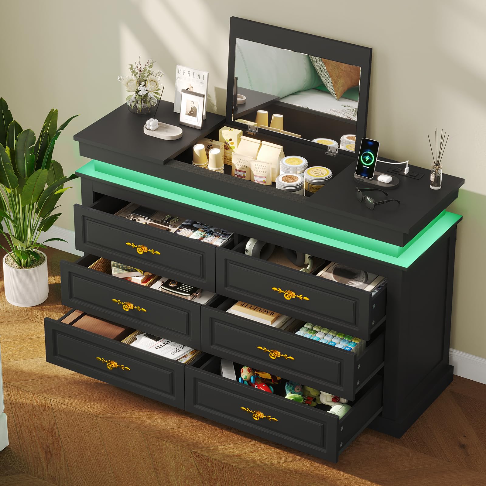 HAUOMS Dresser with LED Lights,LED Chest of Drawers with Flip-Top and Charging Station,6 Drawers Dresser with Mirror,Black Dresser for Bedroom,Living Room,Cloest