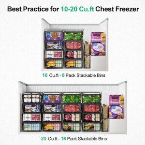 iSPECLE Freezer Organizer Bins - Fit 10 to 20 Cu.FT Deep Freezer, 4 Pack Large Expandable Stackable Chest Freezer Organizer Sort Frozen Food and Easily Get with Handle, Improve Air Circulation, Black