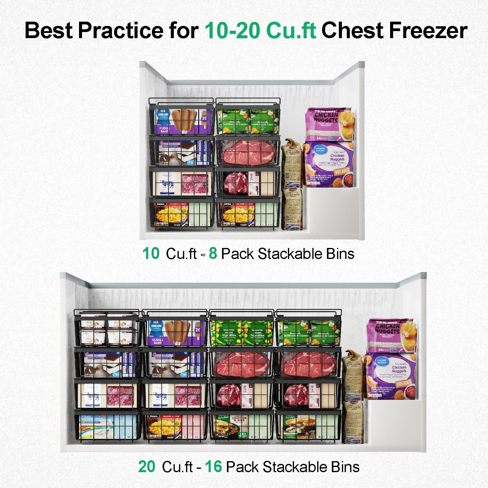 iSPECLE Freezer Organizer Bins - Fit 10 to 20 Cu.FT Deep Freezer, 4 Pack Large Expandable Stackable Chest Freezer Organizer Sort Frozen Food and Easily Get with Handle, Improve Air Circulation, Black