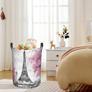 Eiffel Tower Pink Flowers Trees Laundry Basket,Waterproof Laundry Hamper,Collapsible Organizer Basket for Storage Bin Toy Bins, Dirty Clothes Laundry Basket for Living Room/Bathroom/Bedroom