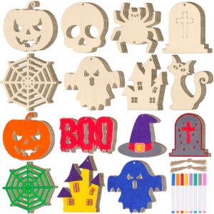 mgparty 60pcs halloween crafts for kids diy wooden slices crafts unfinished predrilled natural wood for kids halloween party favors halloween hanging decorations gifts