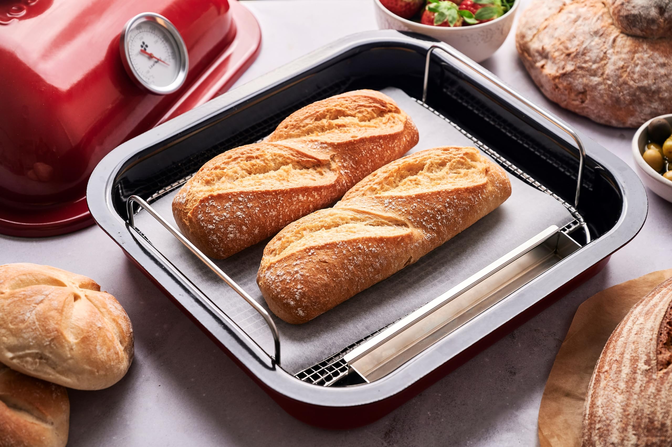 LoafNest inTune Precision Baker : 9 qt (4+5) Multipurpose Baking Dish and Cloche with Built in Oven Thermometer and Water Tray