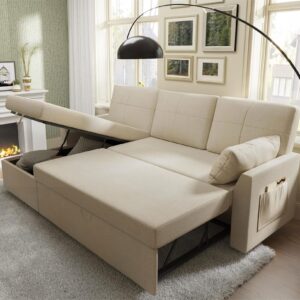 AMERLIFE Sofa Bed, 2 in 1 Pull Out Sleeper Sofa with Storage Chaise, Comfy Sofa Sleeper with Pull Out Bed for Living Room, Beige Chenille