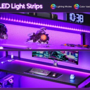 MOTPK L Shaped Gaming Desk, Reversible Computer Desk with Power Outlet, Gaming Table with LED Lights, L Shaped Desk with Glass Display Storage Shelves, Glass Desk Office Desk