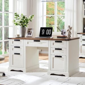 redlemon 60" farmhouse executive desk with drawers, wood home office desk w/charging station, keyboard tray, file drawer, storage cabinet, rustic computer writing desk (antique white)