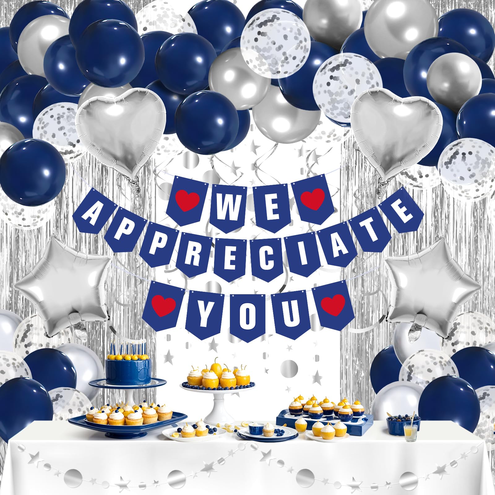 We Appreciate You Decorations Navy Blue Silver Thank You Banner Balloons Foil Fringe Curtains Backdrop Hanging Swirls Streamer Thanks Party for Employee Teacher Doctor Appreciation Party Gifts Decor