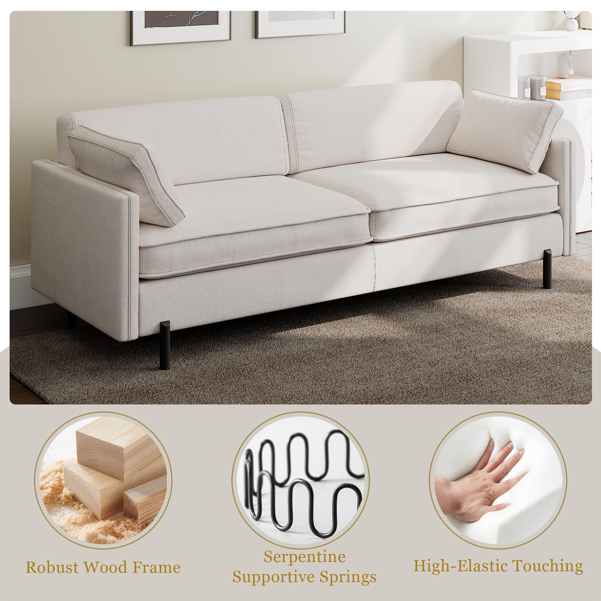 MULEJYBO 79" Comfy Sofa with 2 Pillow, Modern 3 Seater Linen Sofa Couch, Solid Wood Frame & Metal Legs, Perfect for Living Room, Bedroom, for Small Space, Sturdy & Durable, Easy Assembly, Beige