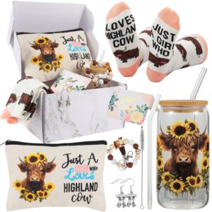 saiweilai online 6 pieces highland cow gifts set for women cow lovers 16oz glass cups just a girl who loves highland cow makeup bag cow socks keychain earrings and gift box for women mom sister gift