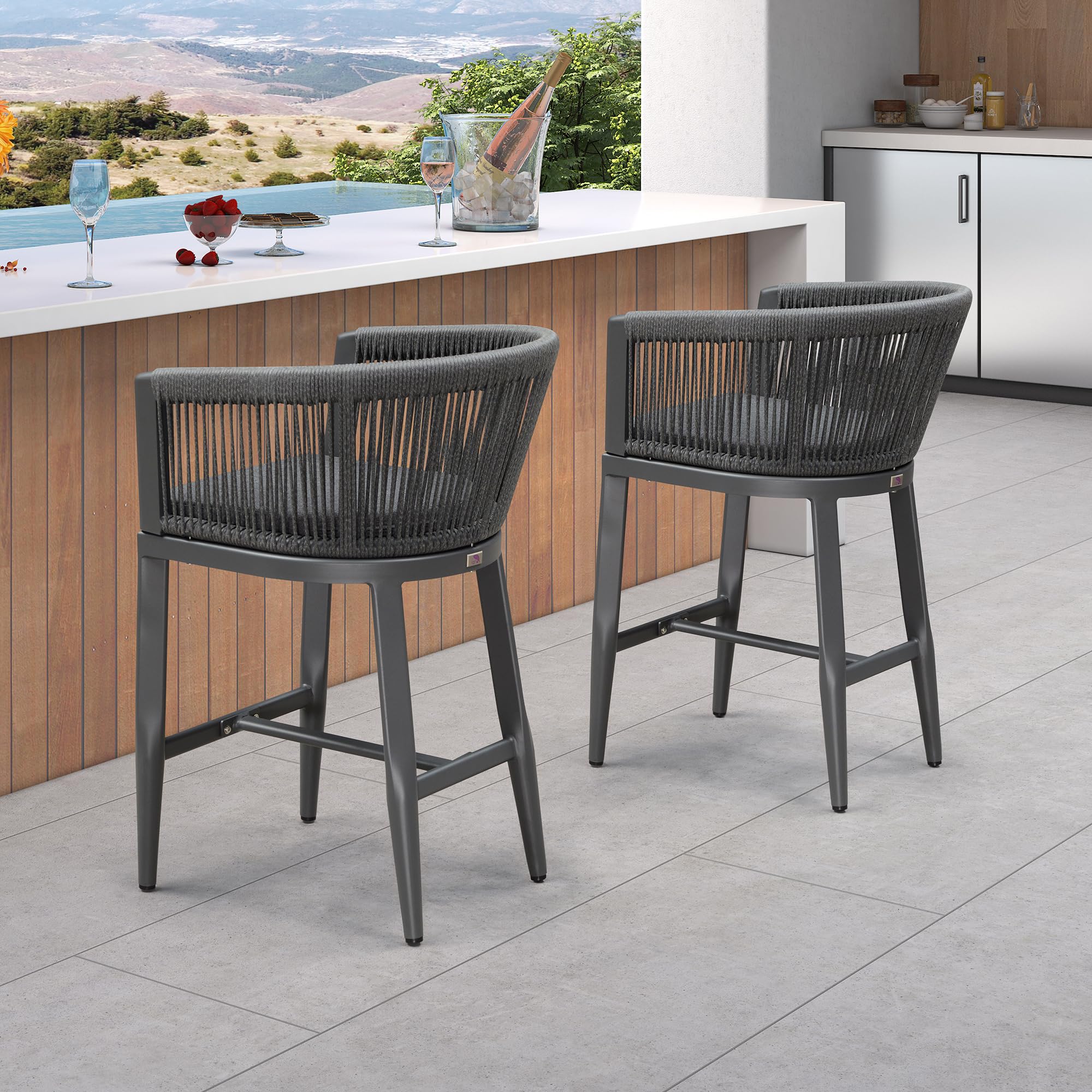 PURPLE LEAF Counter Height Bar Stools Set of 2 Rattan Bar Stools with Cushions Outdoor Bar Chairs for Outdoor or Indoor Kitchen Backyard Poolside Patio Grey