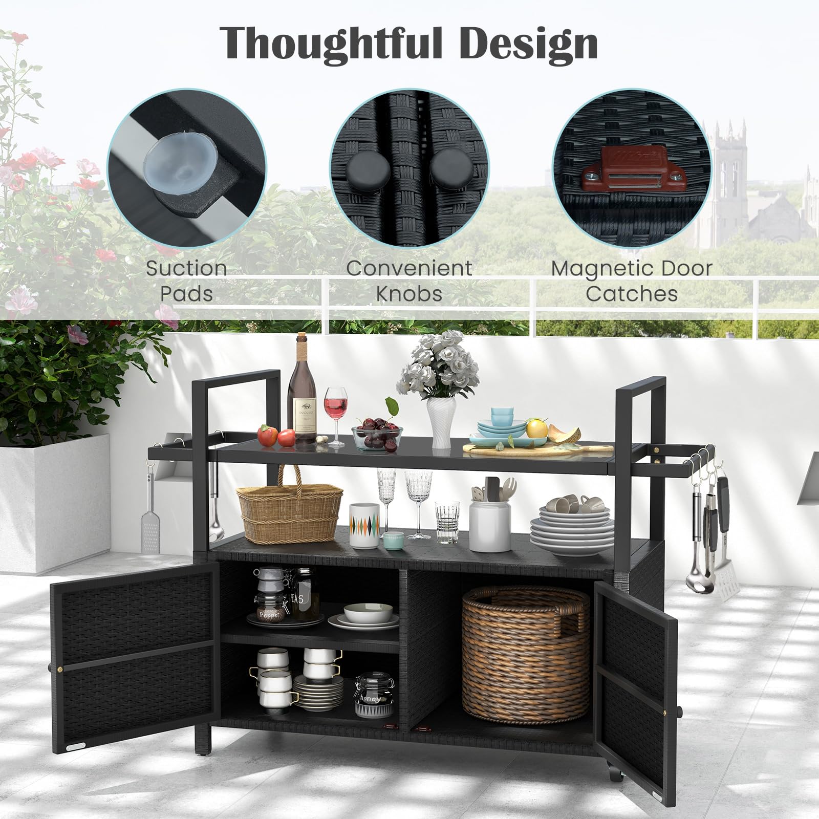 Tangkula Outdoor Bar Cart Table, Patiojoy Rolling Wicker Buffet Wheeled Serving Cart with Tempered Glass Top, Storage Cabinet & 8 Hooks, for Porch Backyard Garden Poolside (Black)