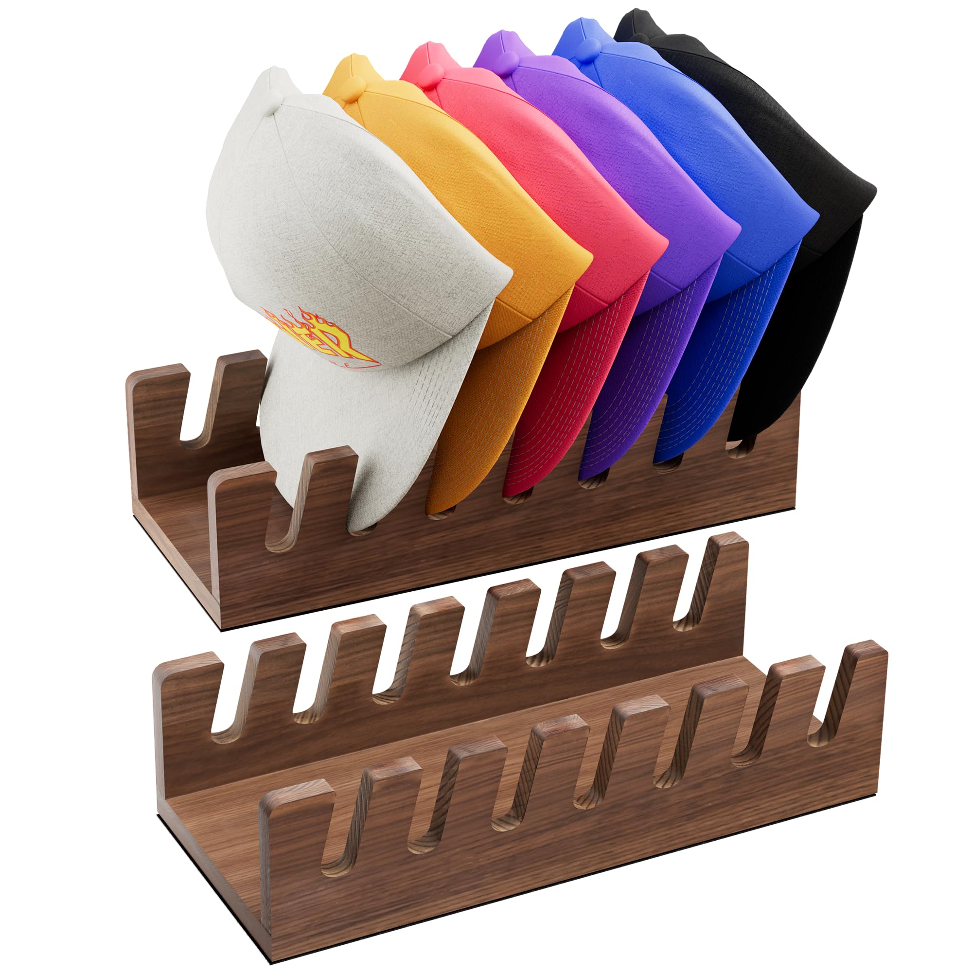 2 Pack Hat Stand for Baseball Caps Display, No Install Wooden Hat Organizer for 14 Baseball Caps for Closet, Bedroom, Dresser, Entrance (Dark Brown)